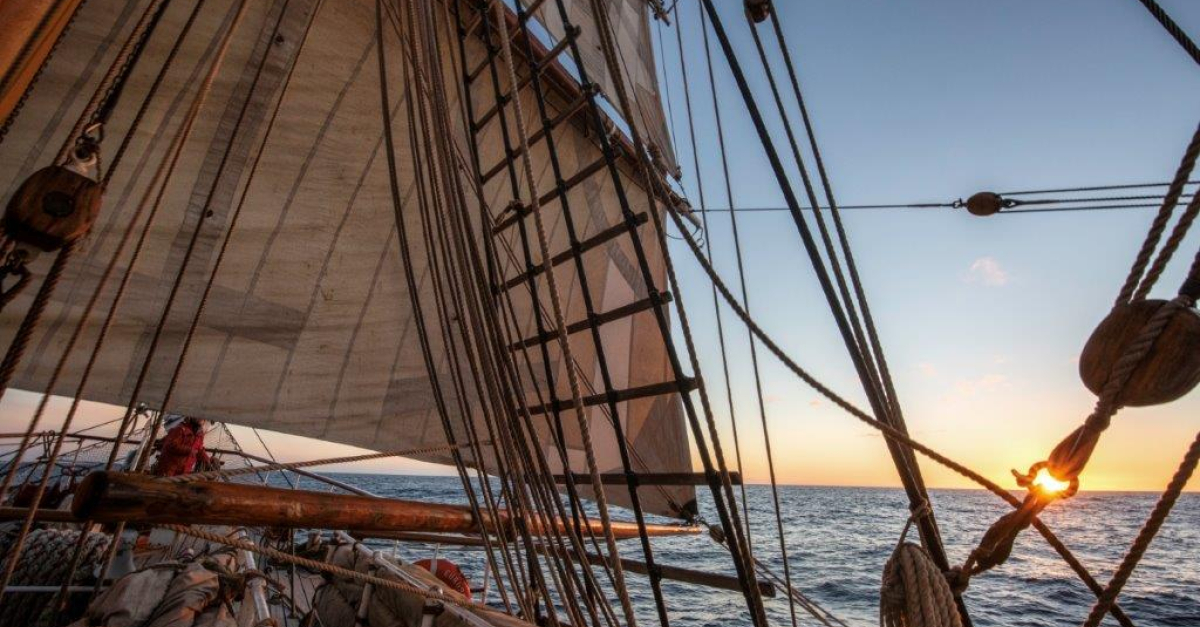 Calm after the storm. Blue skies, sunshine, rig and sail repairs | Bark ...